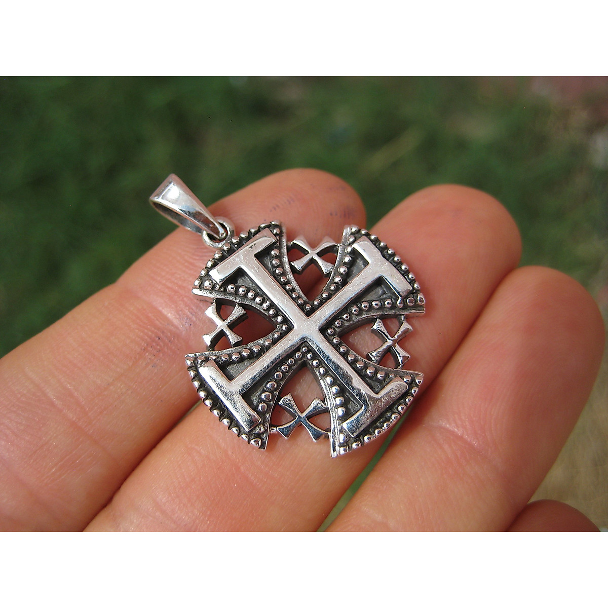 Himalayan Treasures 925 Sterling Silver Jerusalem Cross Fivefold Cross Crusaders Cross Emblem Medal Pendant Necklace A12