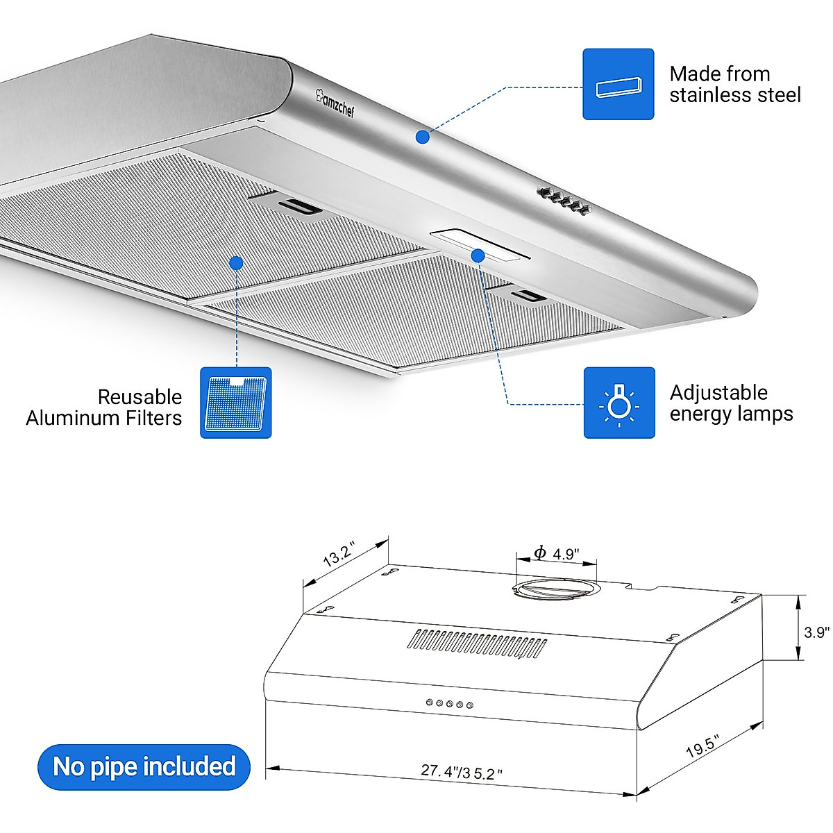 AMZCHEF Under Cabinet Range Hood 30 Inch, 250CFM Stainless Steel Kitchen Stove Vent Hood 3 Speed Exhaust Fan Button Control LED lights Dishwasher-Safe Aluminum Filters with Charcoal Filter