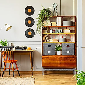 Woodoulogy Vinyl Record Storage Box for 50+ Single LPs, Stackable Albums Linen Crate with Lid, Collapsible Play Music Collection Holder, Document File Folder Cabinet Organizer Case with Handle