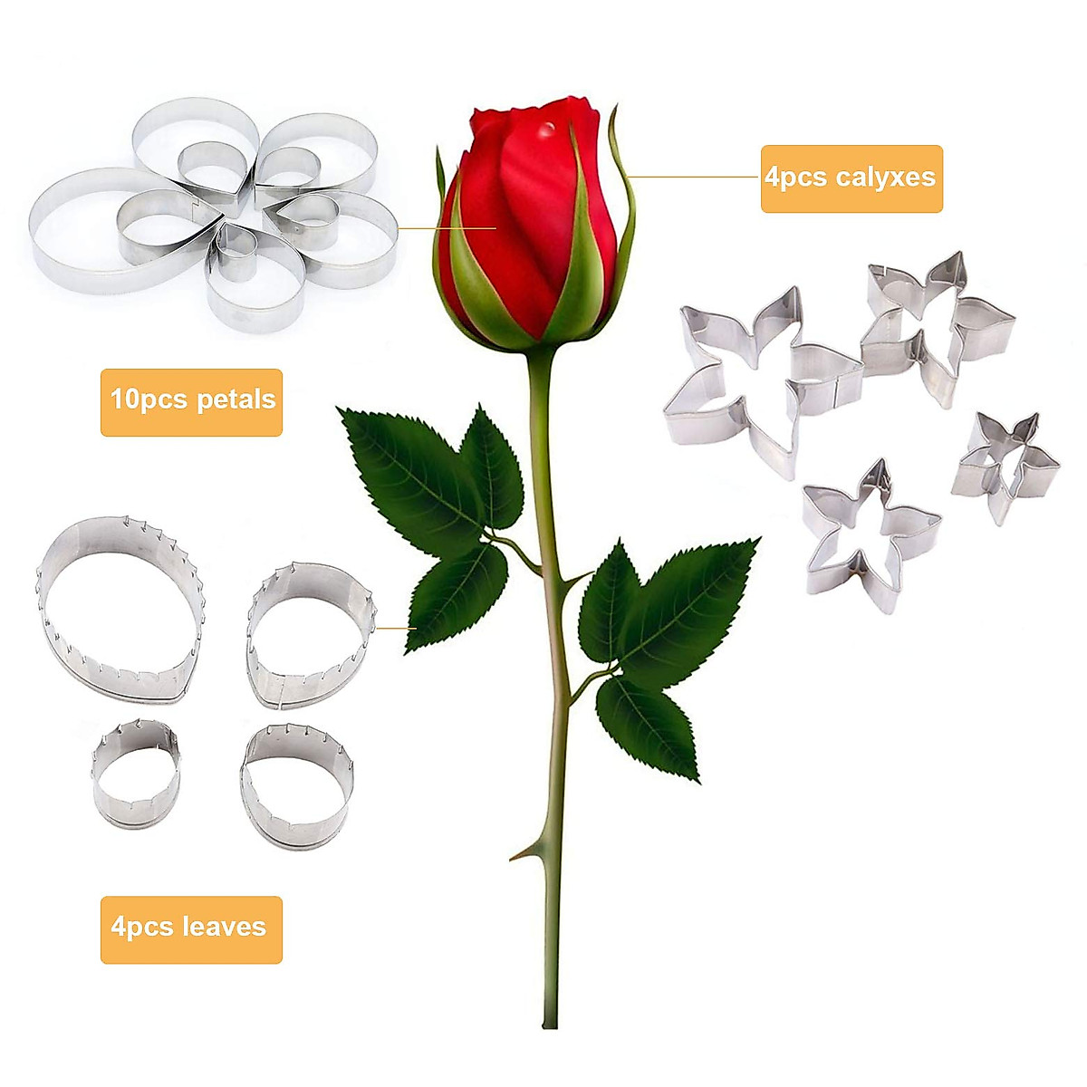 18pcs Gumpaste Flower Mold Austin Rose Petal Calyx Leaf Cutter Set Sugarcraft Fondant Modelling Tools for Cake Decorating, Chocolate, Soap, Gum paste