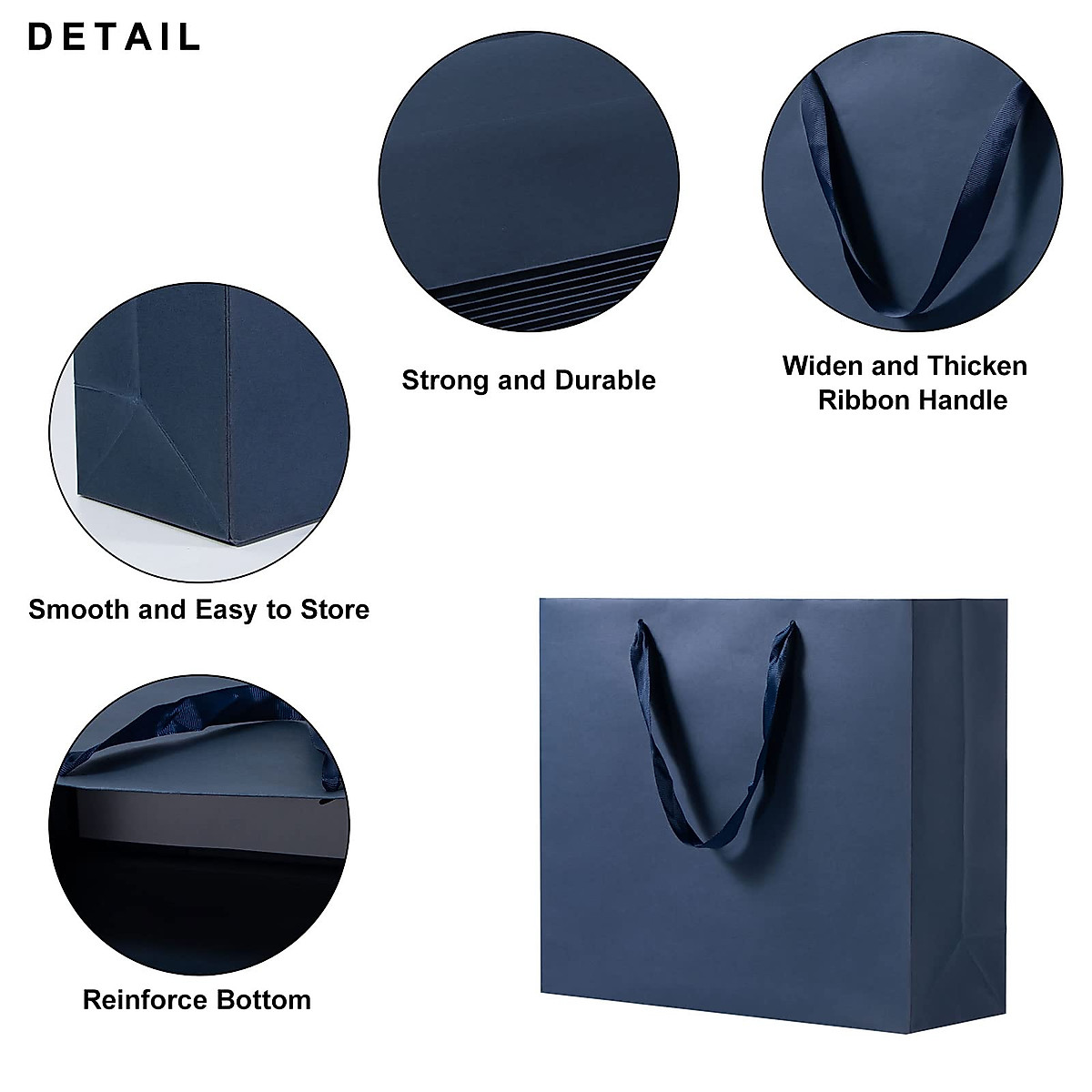 Driew Extra Large Navy Blue Gift Bag, 12 Pcs, 12.6x4.5x11 inches Kraft Paper, Ribbon Handles, Ideal for Wedding, Party, Shopping, DIY