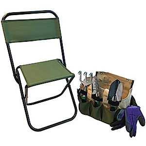 Garden Tool Set Organizer | Garden Seat Folding Stool Gardening Chair Kneeler with Backing | Gardener Bag | Gardening Tools Set | Top Gardening Gifts for Mom and Dad Includes Aluminum Tools