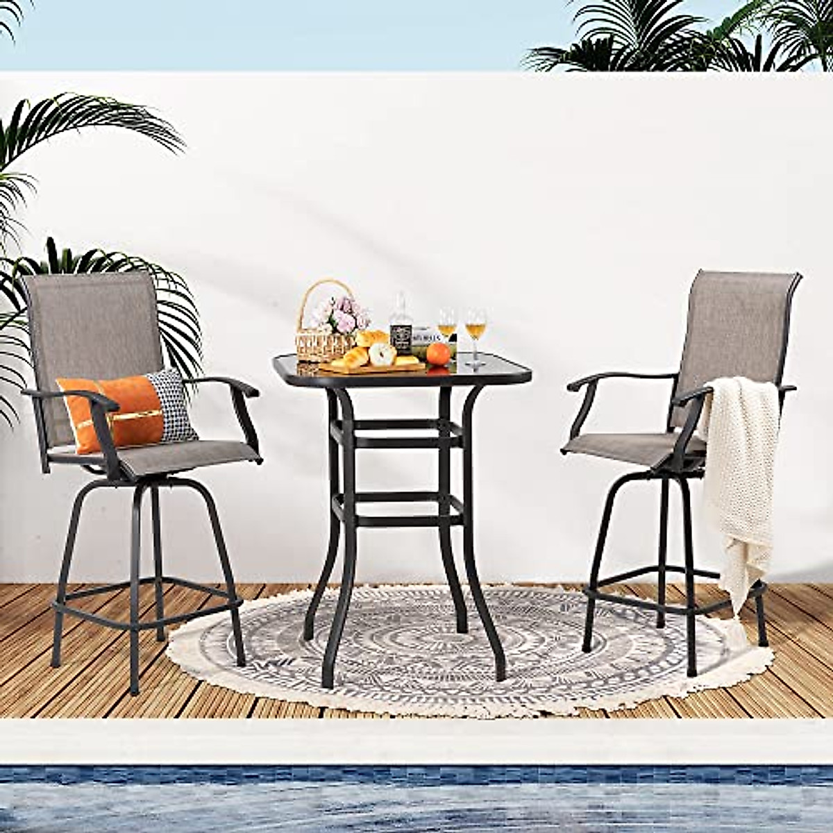 Shintenchi 3 Pieces Patio Swivel Bar Set, All Weather Textile Fabric Outdoor High Bar Stool Bistro Set with 2 Bar Chairs and Glass Table for Home, Backyard, Garden, Lawn, Porch (Brown)