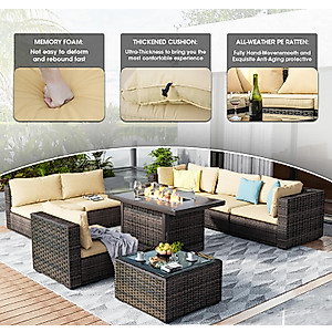 GREZJXC 3 Pieces Outdoor Sectional Patio Furniture Set with Fire Pit Table PE Rattan Wicker Patio Sectional Conversation Set with Cushions Beige