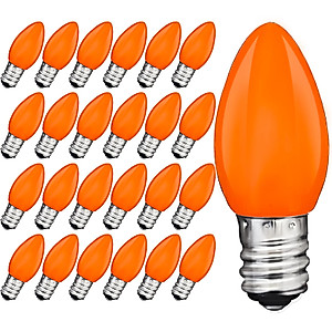 Romasaty 25 Pack C7 LED Orange Light Bulbs, C7 LED Orange Halloween Replacement Bulbs for Indoor Outdoor Halloween String Lights (E12/C7 Candelabra Base Sockets), 0.6W