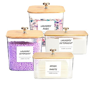 PLOUTA HOME 4 Pack Laundry Room Organization Storage Containers, Plastic Clear Laundry Pods Container & Dryer Sheet Holder Jars with Lids, Scoops & Labels for Detergent, Powder, Dryer Balls, Beads