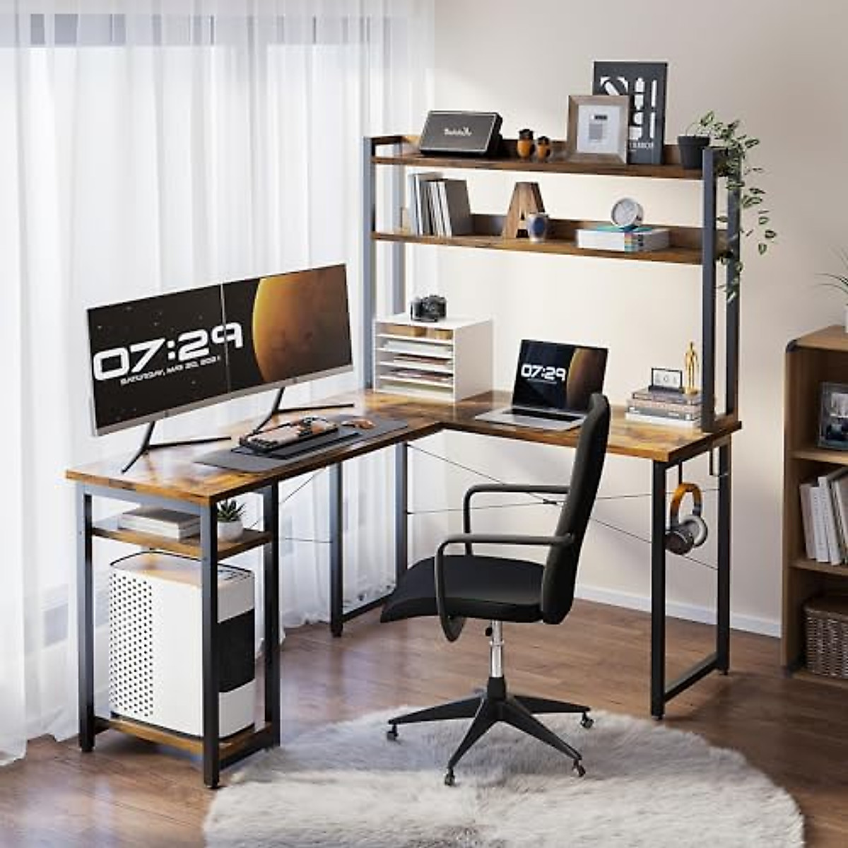 KKL L Shaped Desk with Hutch and Storage Shelves, 59" Inch Home Office Corner Computer Worstation Gaming Desk Rustic Brown