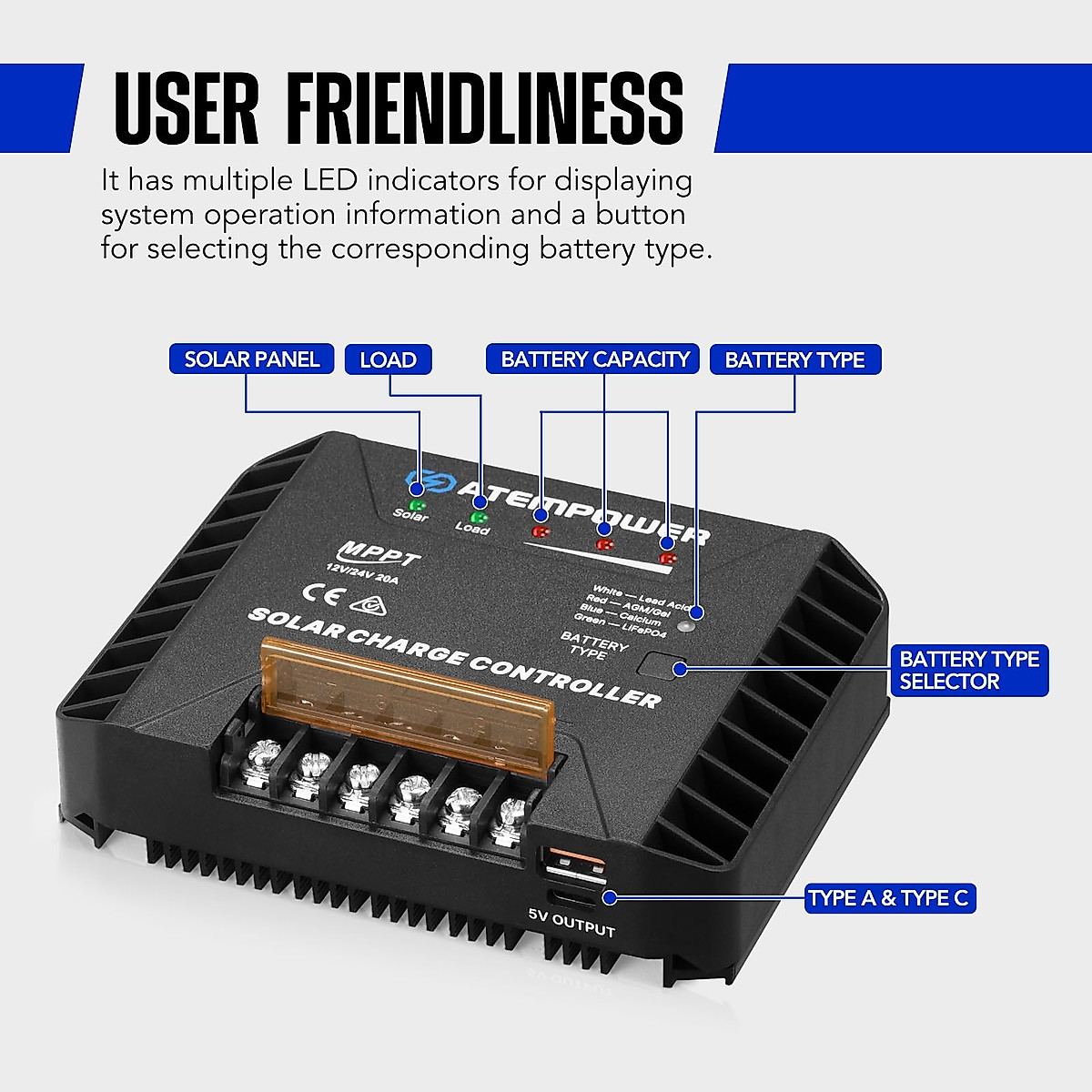 ATEM POWER 20A 12V/24V MPPT Solar Controller Selecting Battery Type Activate Lithium Battery Intelligent Solar Controller Compatible with Lead Acid, AGM, Gel, Calcium and LiFePO4 Battery