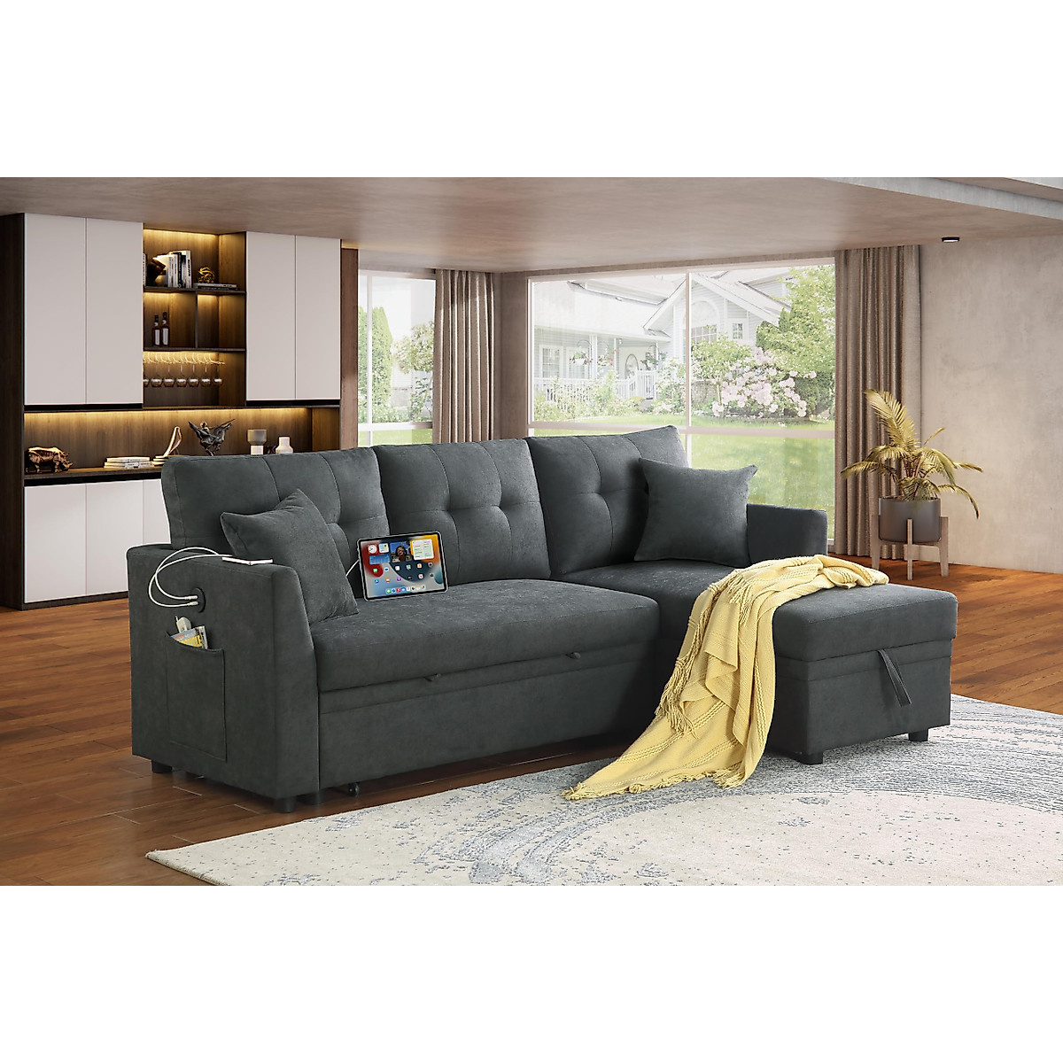 Eafurn L-Shape Reversible Sectional Sofa Bed Convertible Sleeper Corner Couch w/USB Ports and Storage Chaise, 4 in 1 Pull-Out Sofabed for Living Room, Apartment, Office