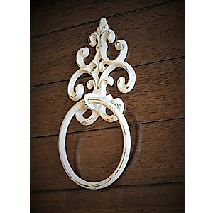 Shabby Chic Towel Ring, Antique White or Pick Color Towel Hanger, Heavy Cast Iron Bathroom Towel Hook, Fleur de Lis Design