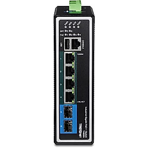 TRENDnet 6-Port Industrial Gigabit L2+ Managed PoE++ DIN Rail Switch, 4 x Gigabit PoE++ Ports, DIN-Rail Mount, 2 x SFP Slots, IP30, VLAN, QoS, LACP, Bandwidth Management, ERPS, Black, TI-BG62i
