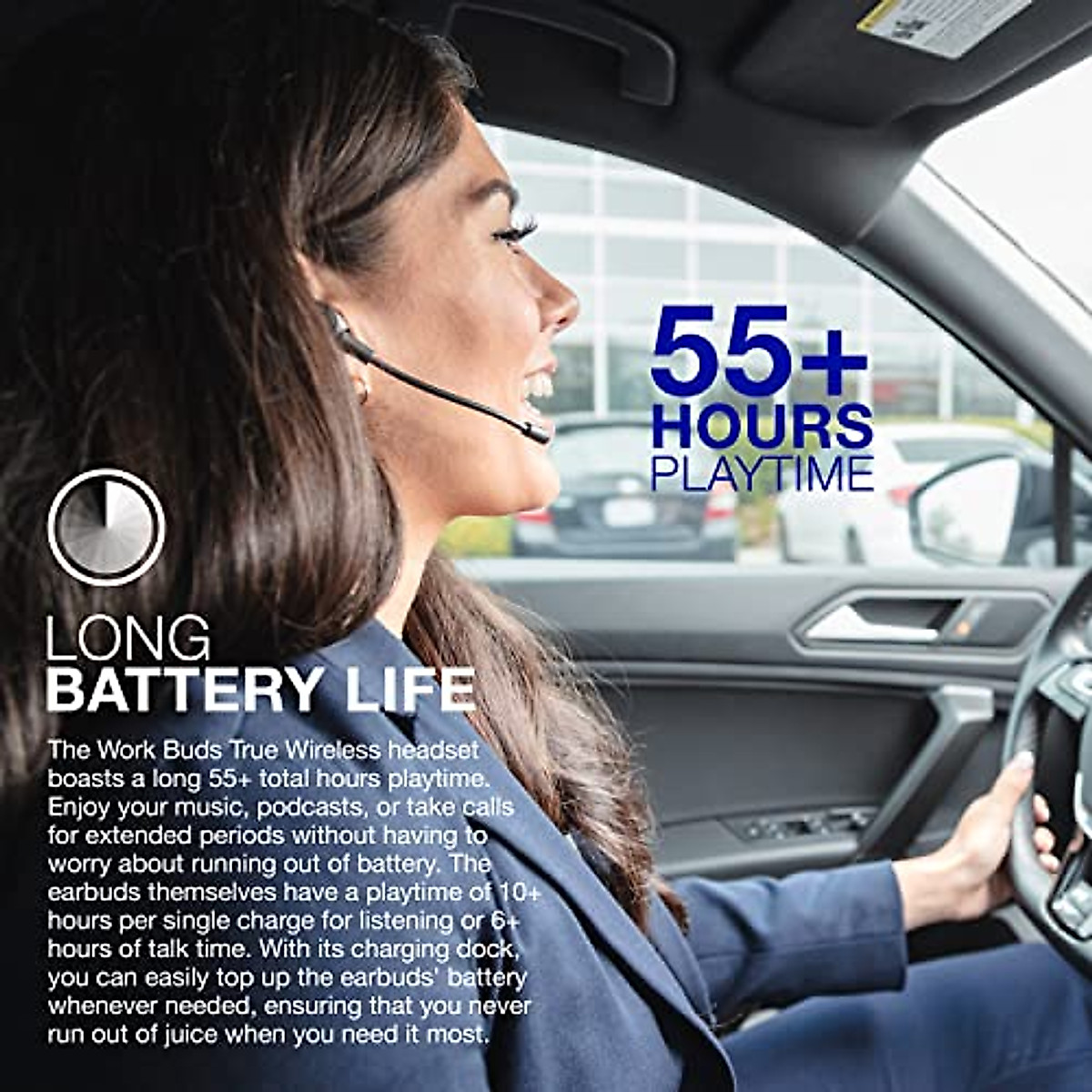 JLab Work Buds in-Ear True Wireless Headset with Detachable Noise-Canceling Boom Mic, Black, Long 55+ Total Hours Playtime, Bluetooth Multipoint, USB-C Charging Dock