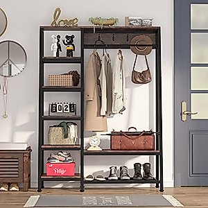Tribesigns Industrial Entryway Hall Trees with Hooks, Storage Shelves and Shoes Bench, Freestanding Closet Organizer Clothes Rack with Coat Rack, Closet Garments Shelf for Hallway, Bedroom