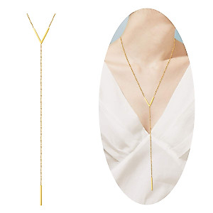 FOCALOOK Bar Pendant Y Gold Necklace Hypoallergenic Stainless Steel 14K Gold Plated Minimalist Dangle Extra Long Pendant Lariat Necklaces for Women