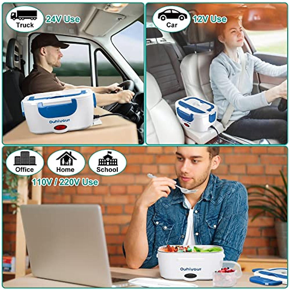 Ouhiyaur Electric Lunch Box Power Switch, Heated Lunch Boxes Adults, Dual Leak Proof Cover, 60W 110/12/24 Volt Portable Food Warmer, 1.5L 304 Stainless Steel Food Containers Trucker, Work, Home White