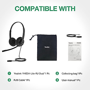 Yealink Phone Headsets for Office Phones YHS34 Lite QD to RJ9 Wired Headset for Yealink Compatible with Poly Snom Grandstream Phones Desk Landline Headset with Microphone -Dual/111g/2.1m Cable