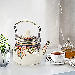 Yarlung 3.3L Enamel Tea Kettle with Tea Infuser, Vintage Floral Teakettle for Stovetop, Colorful Enamel on Steel Teapot with Handle for Hot Water, No Whistling
