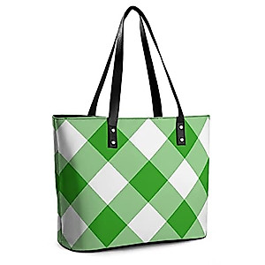 Womens Handbag Green White Plaid Pattern Leather Tote Bag Top Handle Satchel Bags For Lady