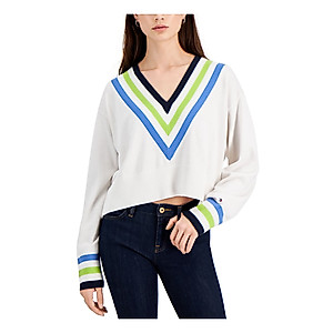 Tommy Hilfiger Womens V Neck Cropped Crop Sweater White XL