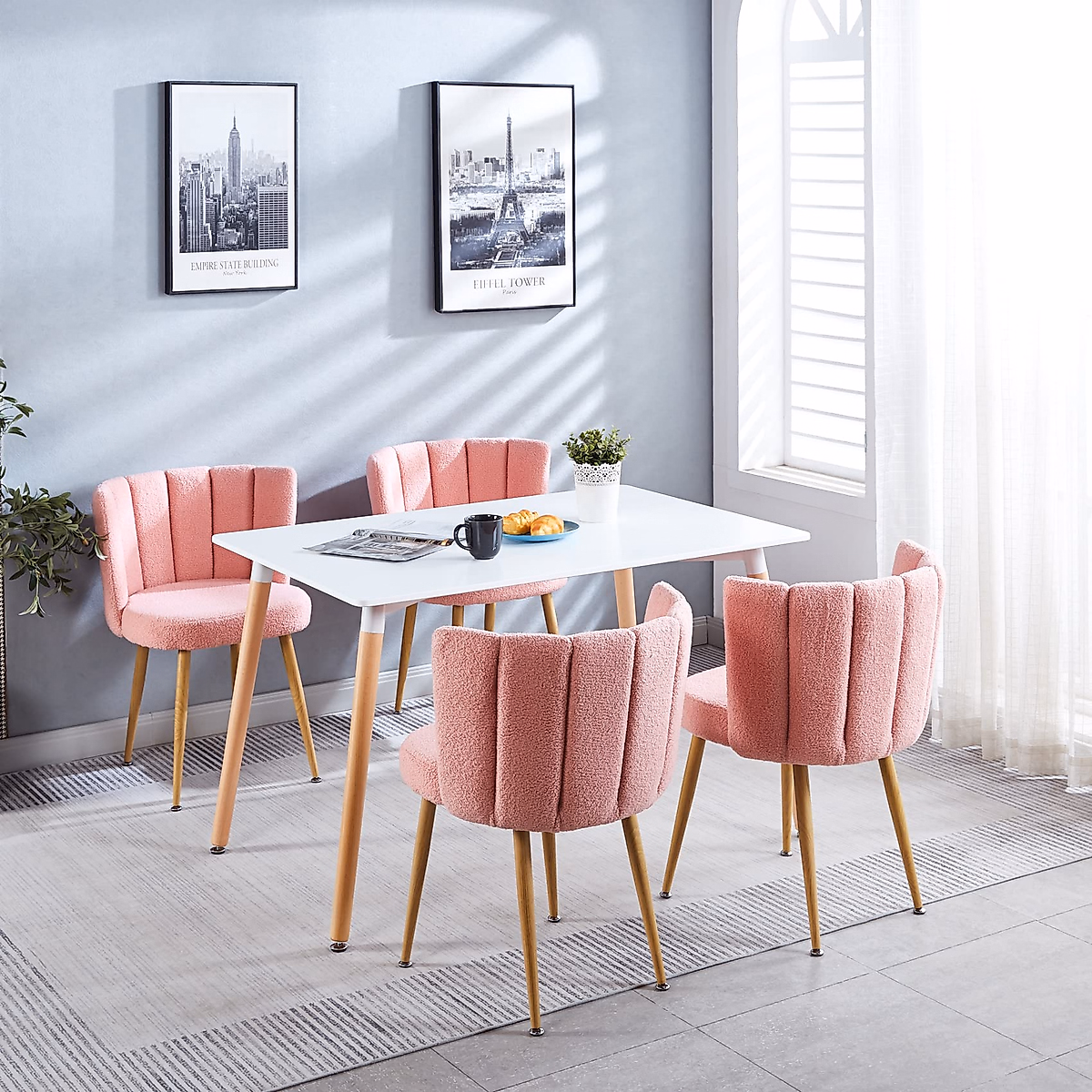 ATSNOW Pink Sherpa Accent Chairs Set of 2, Mid Century Modern Upholstered Side Chairs for Dining Room Living Room Bedroom Vanity