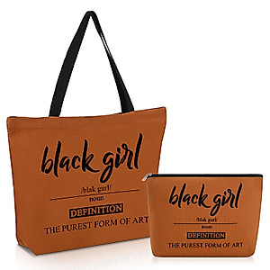 Coume 2 Pcs Black Girl Definition Canvas Tote Bags Juneteenth Day Gift Brown Makeup Bag Set the Purest Form of Art Blk with Zipper Travel Trip Toiletry Bags for Women Shopping School