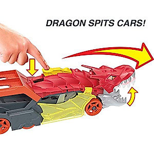 Hot Wheels Toy Car Track Set City Dragon Launch Transporter & 1:64 Scale Car, Stores Up to 5 Vehicles