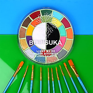 BOBISUKA Face Body Paint Kit - 25 Colors Water Activated Painting Makeup Palette + 10 Blue Artist Paint Brushes Set Large Black & White Ideal for Halloween, SFX, Theater, Cosplay, Parties and Costume