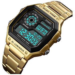 FANMIS Men's Luxury Digital Quartz Waterproof Wrist Watches Dual Time Countdown Alarm Stopwatch Backlight Multi-Function Watch (Gold)