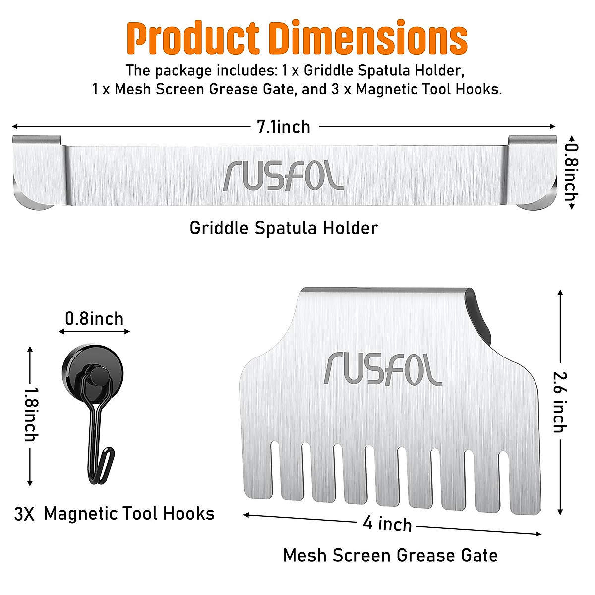 RUSFOL 3-in-1 Stainless Steel Griddle Spatula Holder with Mesh Screen Grease Gate and 3 Magnetic Hooks for 28"/36" Blackstone Griddles, Flat Top Griddle BBQ Accessories, Free from Drill&Easy Install