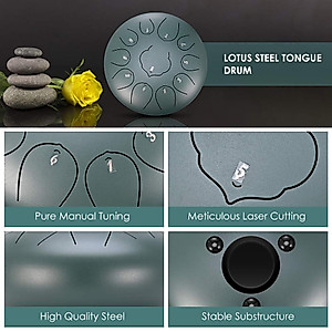 Tongue Drum, 12 Inch 11Notes Steel Tongue Drum Percussion instrument with Drum Mallets Carry Bag, 2 Drumsticks And Textbook (Green)