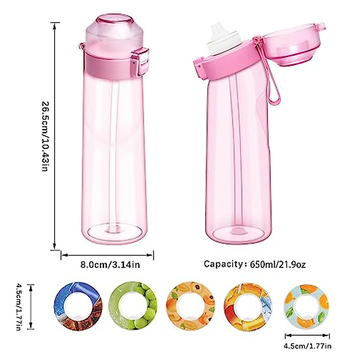 Dacnod Water Bottle with Flavor Pods,Fruit Fragrance Water Bottle,Scent Water Cup,Sports Water Cup Suitable for Outdoor Sports(B.Pink(21.9 Oz/650ml)+6Pods)