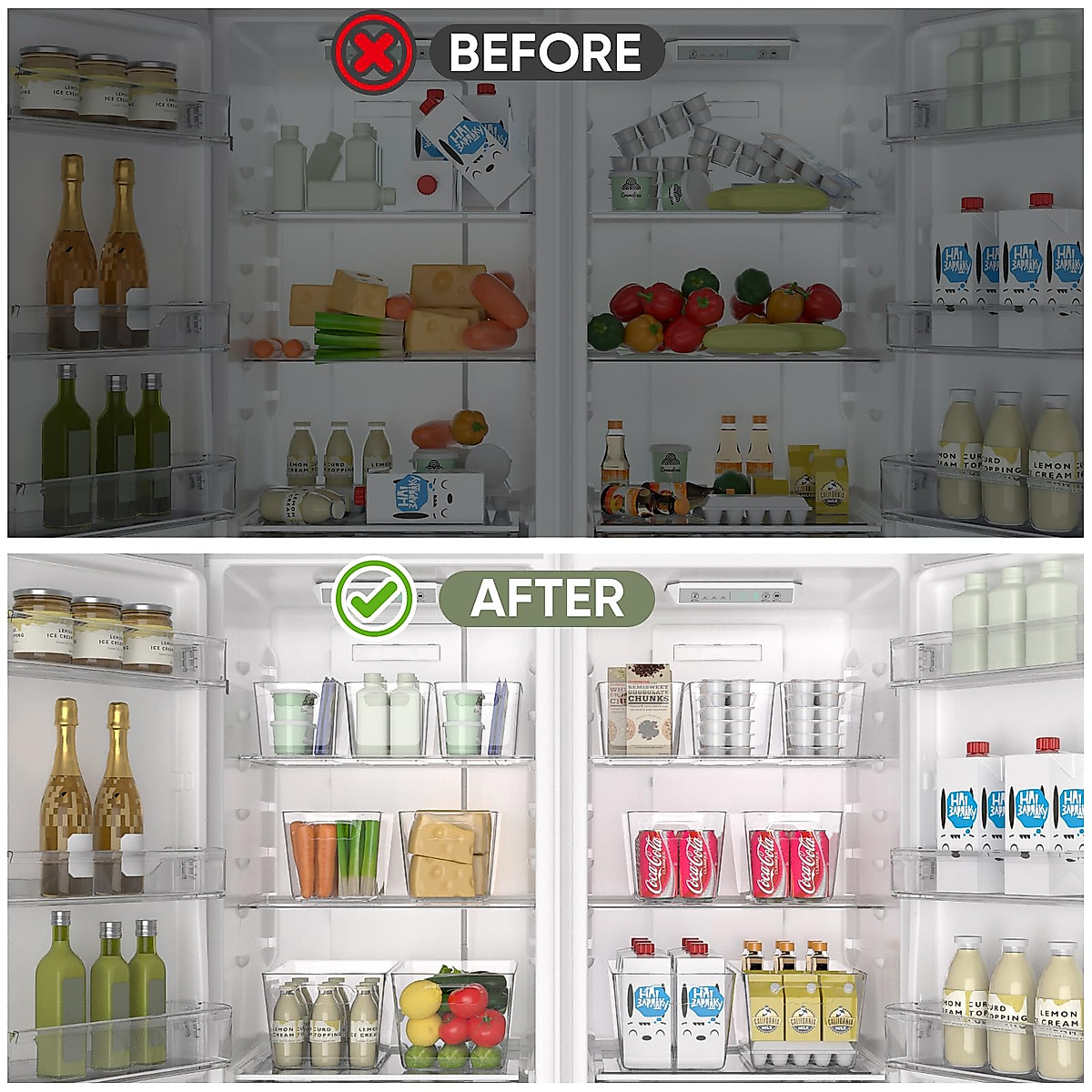 BALEINE Refrigerator Organizers and Storage Bins, 6 PK Plastic Clear Storage Bins, BPA Free Freezer Organizer Stackable Storage Bins with Handles for Fridge Kitchen Cabinet Bathroom (9.5x5.5x4.5)