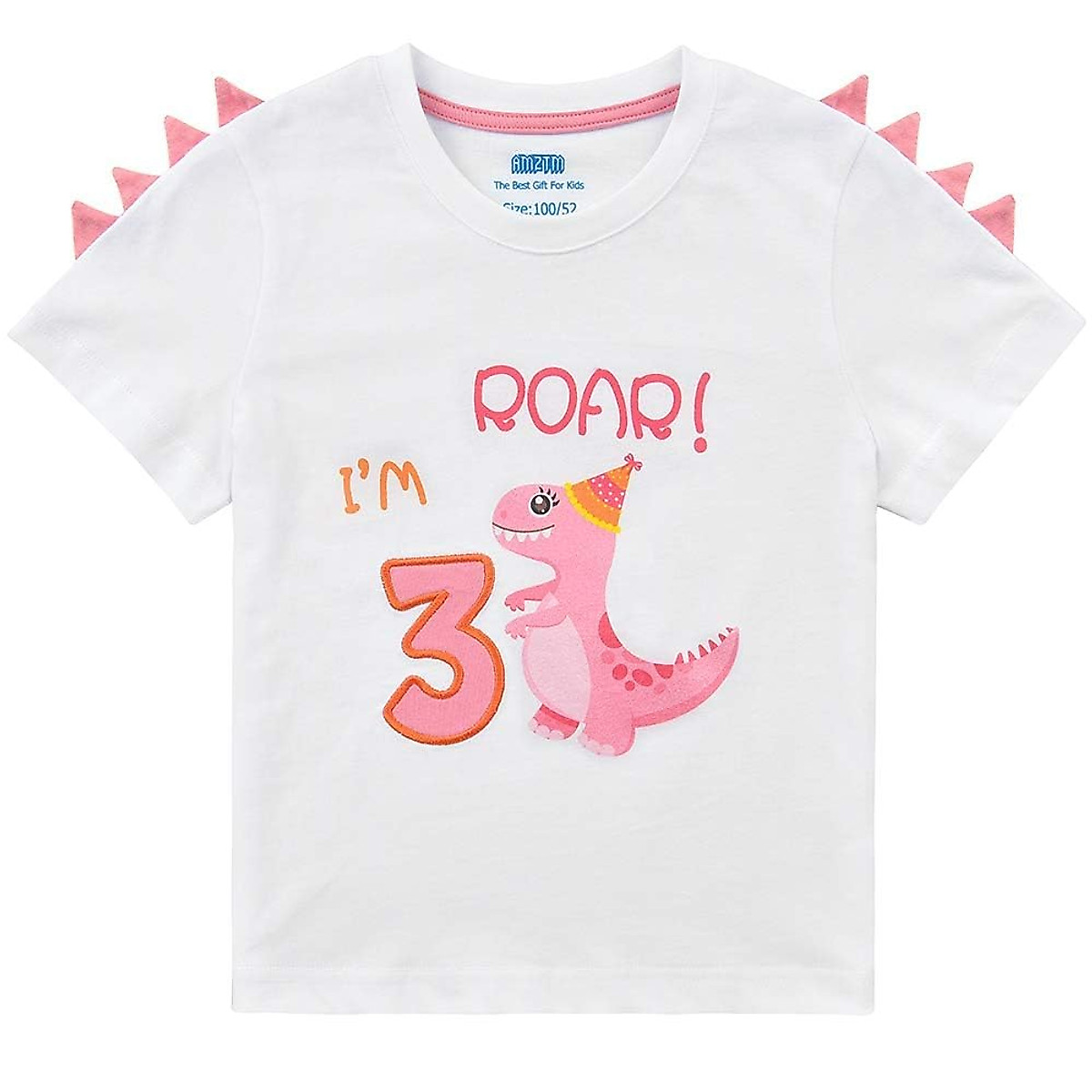 AMZTM 3rd Birthday Girl T-Shirt Dinosaur Party B-Day Themed Tee Gift for Toddler (US, Age, 4 Years, White)