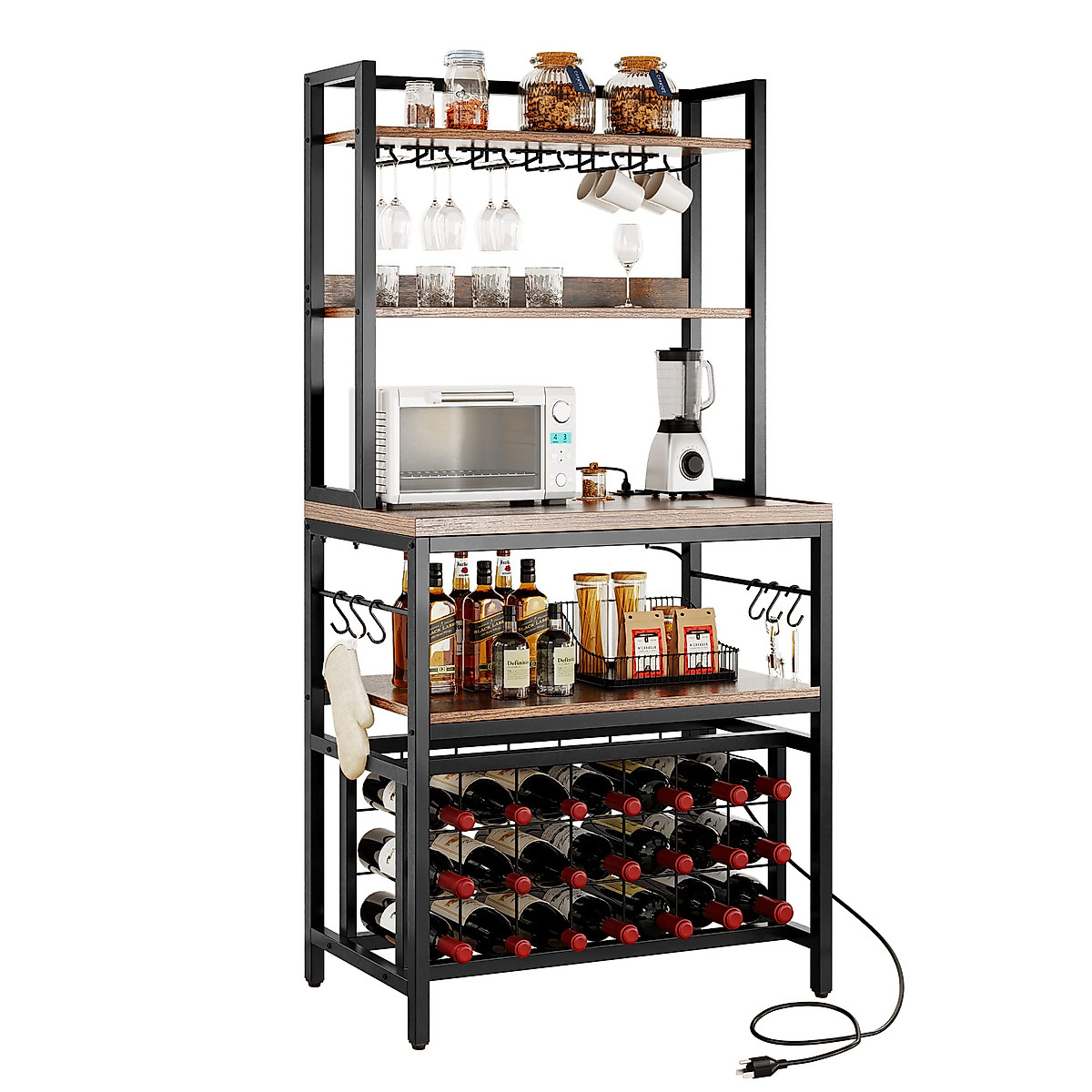 YITAHOME Kitchen Microwave Bakers Stand with Wine Rack, Wine Rack Freestanding Floor, Small Storage Shelves for Liquor Bottle Glasses Power Outlet Farmhouse Coffee Bar 31 Inch, Rustic Brown