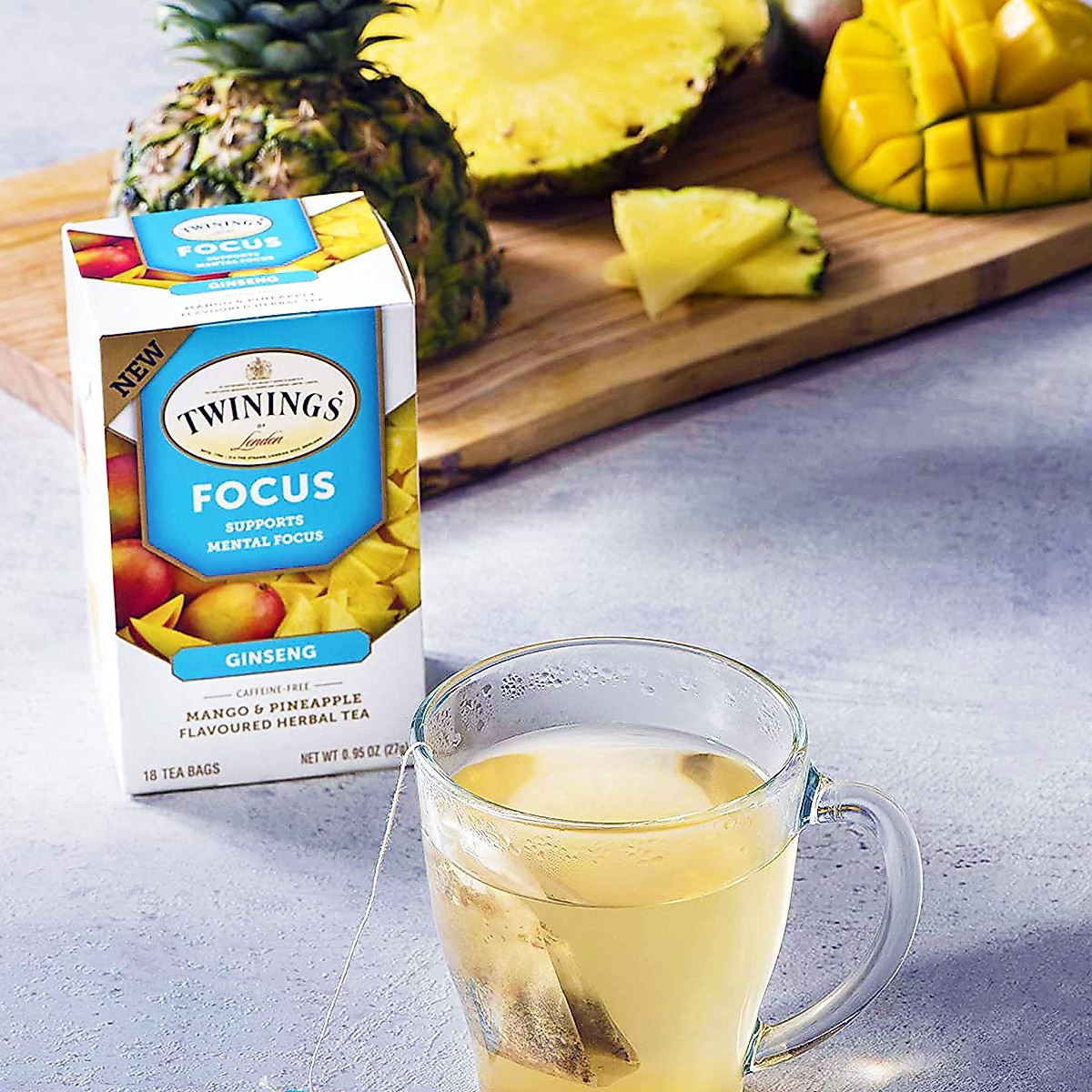 Twinings Focus Tea - Mango & Pineapple Flavoured Hibiscus Tea with Revitalizing Ginseng Root, Naturally Caffeine-Free Herbal Tea Bags Individually Wrapped, 18 Count