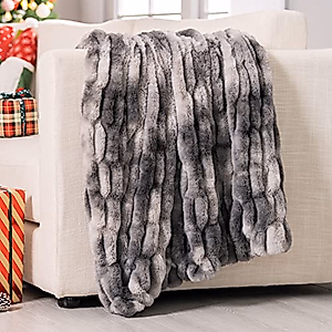 RECYCO Soft Rabbit Faux Fur Throw Blanket, Luxurious Ruched Blanket for Christmas Holiday, Couch, Bed, Living Room, Sofa. Fuzzy, Warm Throw Blanket with Reversible Mink Velvet, Marbled Grey, 50"x60"