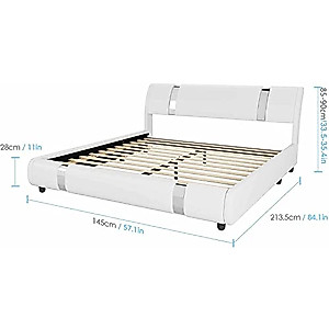 Keyluv Modern Faux Leather Upholstered Platform Bed Frame with Metal Decoration Headboard, Curved Headboard, Wooden Slats Support, No Box Spring Needed, Full Size, White