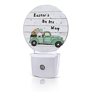 Night Light Plug into Wall, LED Nightlights Easter Green Truck with Bunny Eggs Wooden Board Texture Small Nightlight Auto Dusk-to-Dawn Sensor Lamp LED Night Lights for Kid's Bedroom, Bathroom