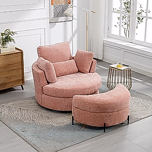 Oversized Swivel Accent Barrel Chair with Storage Bench Large Ottoman+4 Pillows,Comfy Upholstered 360 Recliner Sofa Club Chaise Leisure Round Loveseat Lounge Armchair for Living Room/Hotel/Nursery
