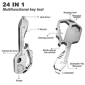 N |24-in-1 Multi-Function Key, Stainless Steel Keychain Multi-Function Tool, with Bottle Opener, Screwdriver, Ruler, Wrench, Box Opener, Drill Driver(1 Piece, Silver), 8*4*1