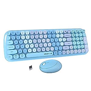 Wireless Keyboards and Mouse Combos, UBOTIE Colorful Gradient Rainbow Colored Retro Typewriter Flexible Keyboard, 2.4GHz Connection and Optical Mouse (New Blue Colorful)