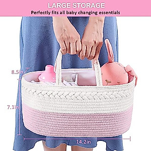 ABenkle Diaper Caddy Organizer, Stylish Cotton Rope Baby Basket Changing Table Nursery Storage Bin Portable Car Organizer, Girls Gifts Tote Bag for Baby Shower, Pink