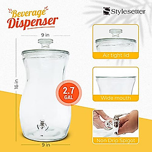 Style Setter Glass Beverage Dispenser for Countertop - 2.7 Gallon Large Glass Drink Dispenser w/Spigot & Lid - Party Drink Dispenser for Sweet Tea Lemonade Punch Water, Juice Dispensers for Parties