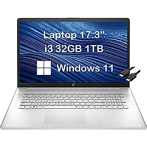 HP 17 Laptop 17.3" HD+ (32GB RAM, 1TB SSD, Intel 4-Core i3-1125G4 (Beat i5-1035G4), UHD Graphics) Home & Business Laptop, 9.5-Hr Battery Life, Webcam, Type-C, IST Cable, Win 11 Home in S Mode -2023