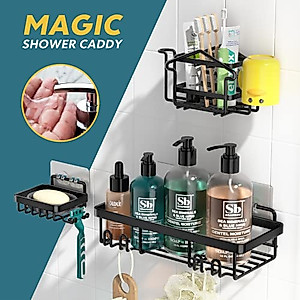 Shower Caddy, Shower Shelf for Inside Shower with 8 hooks, 4 Pack Adhesive Shower Organizer with Soap Holder and Toothbrush Holder,SUS 304 Rustproof Stainless Steel Shower Storage Shower Rack-Black