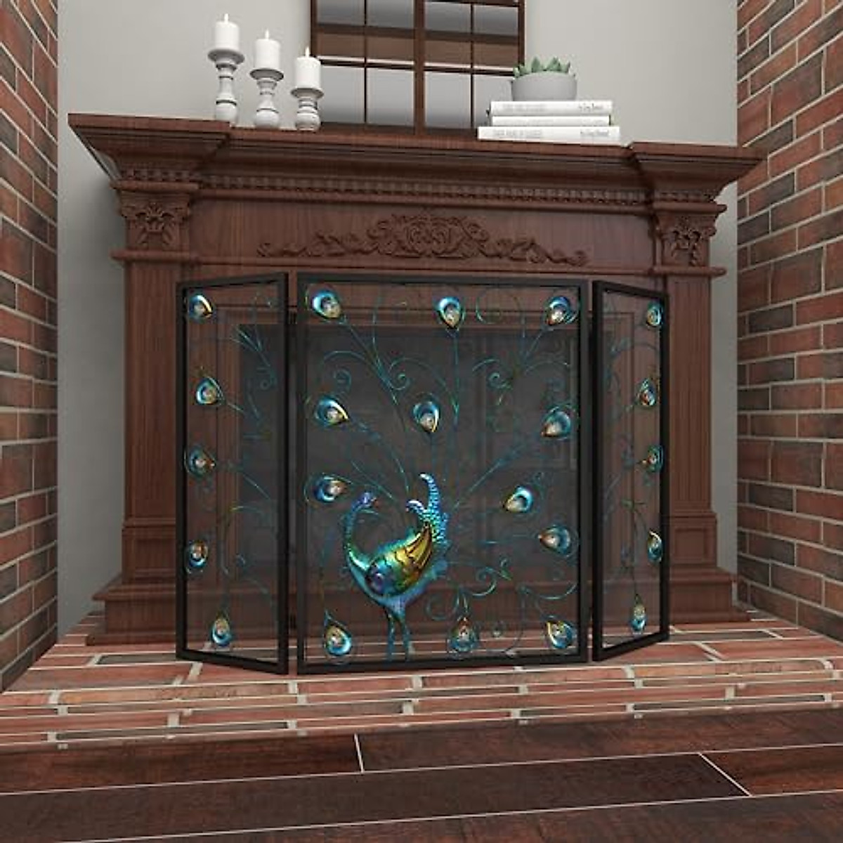 Deco 79 Metal Peacock Fireplace Screen Rainbow 3 Panel with Crystal Accents and Black Frame, 48" x 1" x 32", Blue