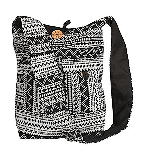 Tribe Azure Large Hobo Crossbody Sling Shoulder Bag Compartment Pockets Functional Zipper Travel Market Books Blanket (Black White)