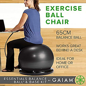 Gaiam Essentials Balance Ball & Base Kit, 65cm Yoga Ball Chair, Exercise Ball with Inflatable Ring Base for Home or Office Desk, Includes Air Pump, Black