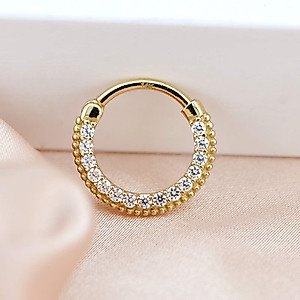 OUFER 14K Solid Gold Septum Piercing Hoop 16G Daith Earrings Hoop Clear CZ Paved Daith Septum Clicker Hoop 10mm Inner Diameter