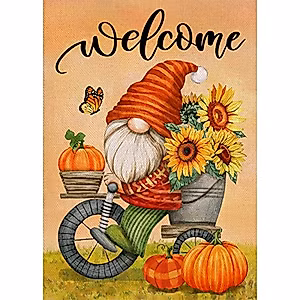 Selmad Welcome Fall Gnome Pumpkin Decorative Burlap Garden Flag, Bike Sunflower Home Yard Small Outdoor Decor, Harvest Thanksgiving Autumn Outside Decoration Double Sided 12 x 18